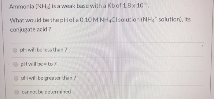 Solved Ammonia (NH3) is a weak base with a Kb of 1.8 x 10 5. | Chegg.com