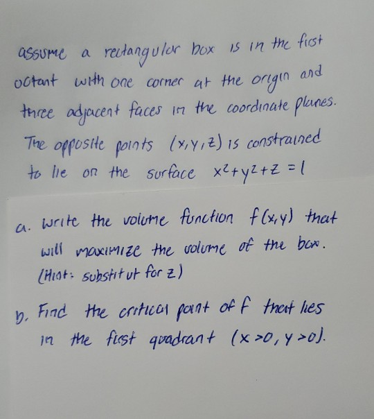 Solved assume a and rectangular box is in the first ootant | Chegg.com