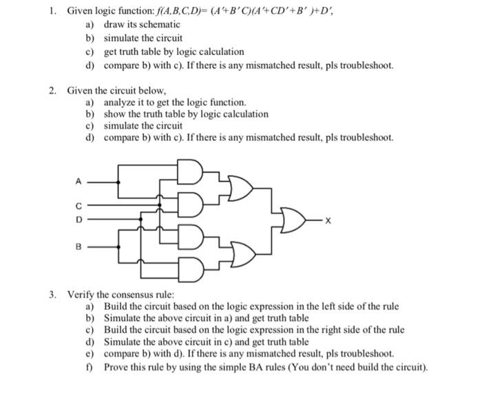 Solved 1. Given logic function: f(A,B,C,D= | Chegg.com