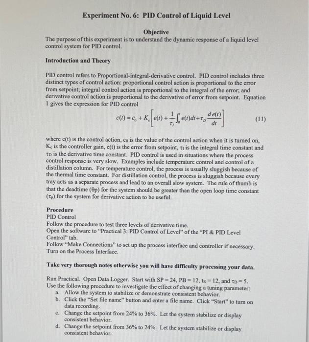 Solved Experiment No. 6: PID Control of Liquid Level | Chegg.com