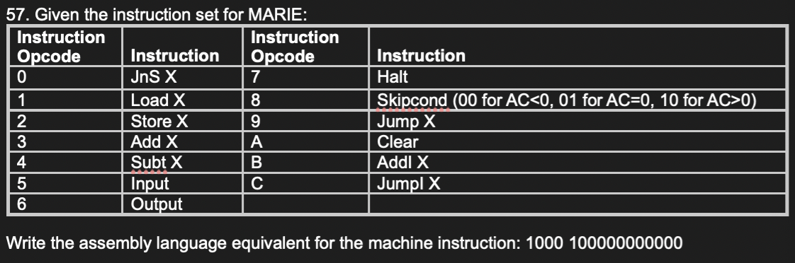 Solved 57. ﻿Given the instruction set for MARIE:Write the | Chegg.com