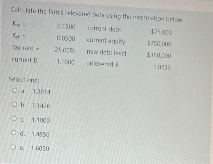 Solved Calculate the firm's relevered beta using the | Chegg.com