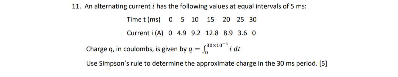 Solved An alternating current i has the following values at | Chegg.com