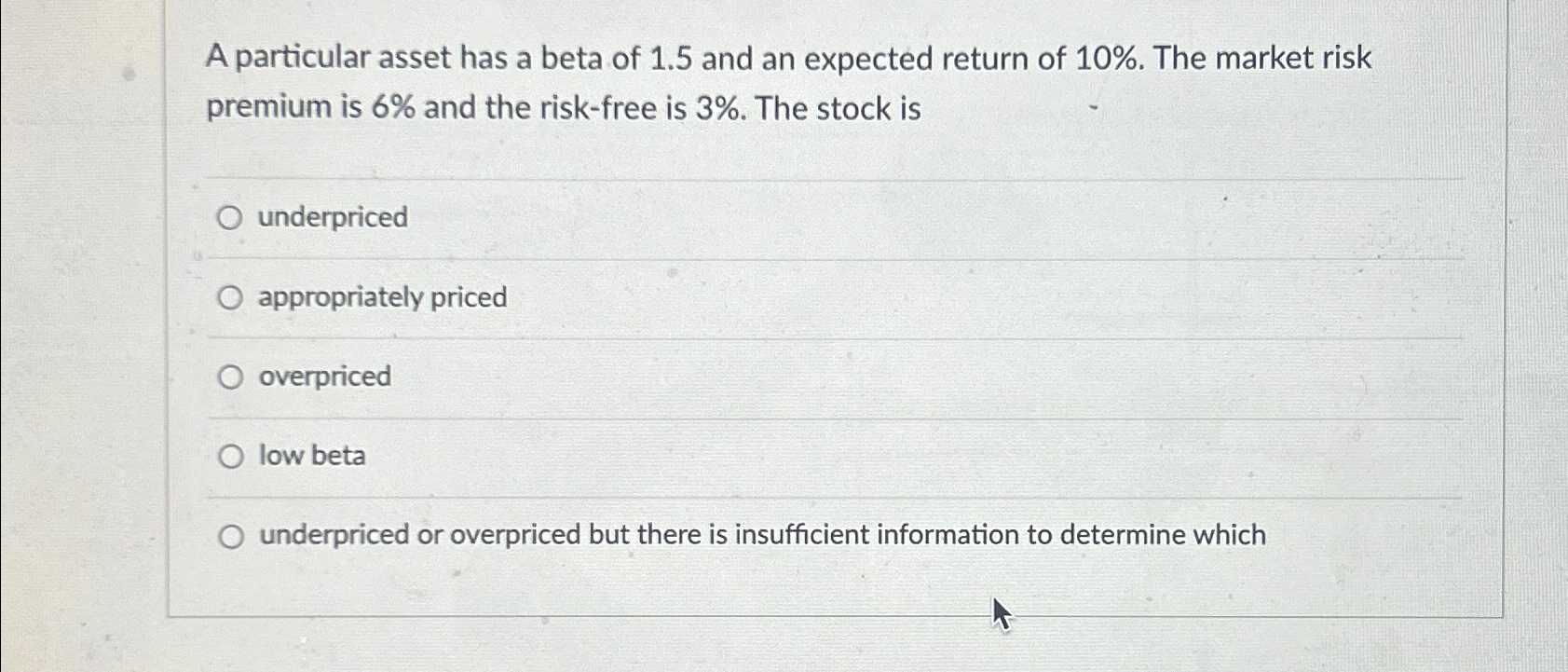 Solved A particular asset has a beta of 1.5 ﻿and an expected | Chegg.com