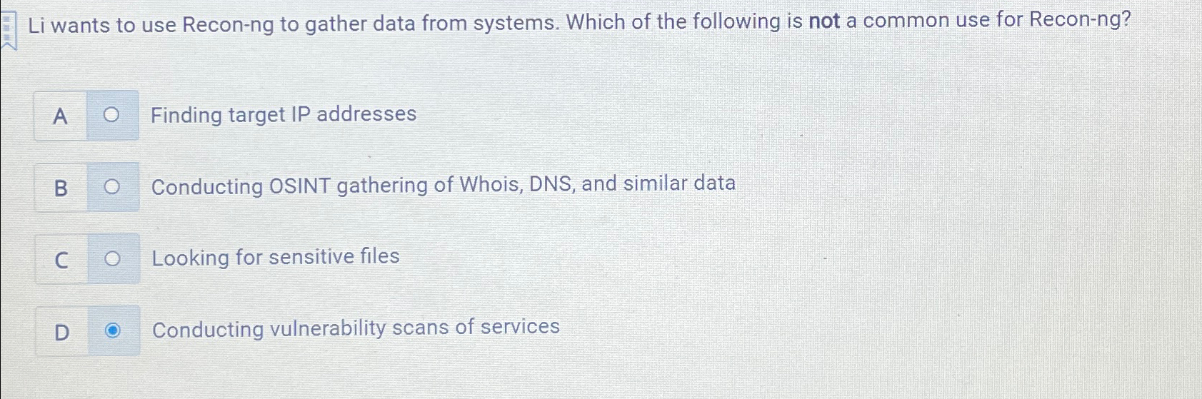 Solved Li wants to use Recon-ng to gather data from systems. | Chegg.com