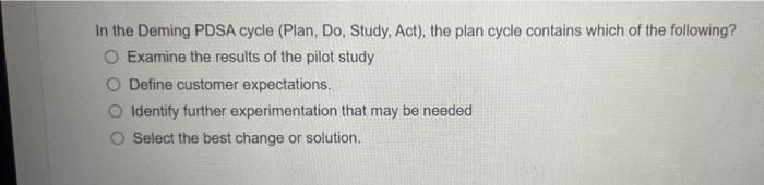 Solved In the Deming PDSA cycle (Plan, Do, Study, Act), the | Chegg.com