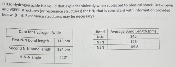 Solved (10.6) Hydrogen azide is a liquid that explodes | Chegg.com