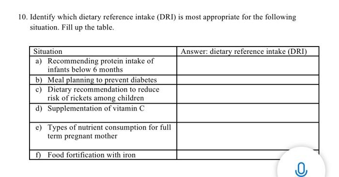 Solved 10. Identify which dietary reference intake (DRI) is | Chegg.com