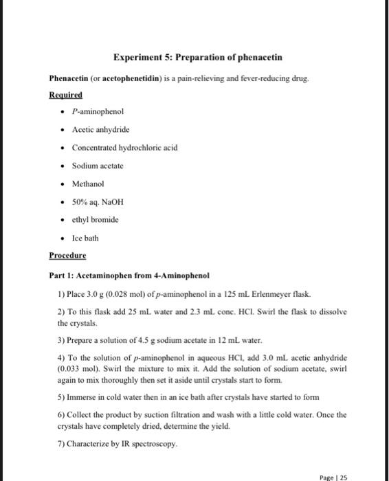 Solved Experiment 5: Preparation of phenacetin Phenacetin | Chegg.com
