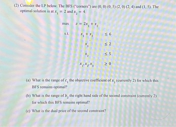 Solved 2) Consider the LP below. The BFS ("corners") are | Chegg.com