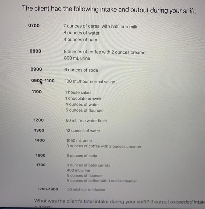 The client had the following intake and output during | Chegg.com