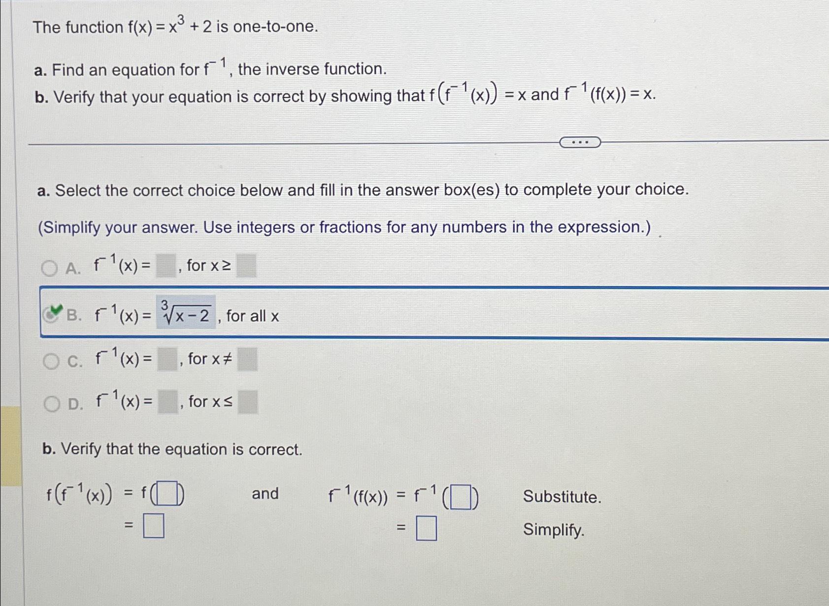 The function f(x)=x3+2 ﻿is one-to-one.a. ﻿Find an | Chegg.com