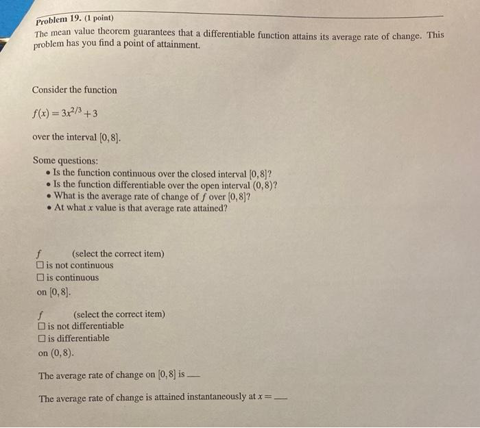 Solved Problem 19. (1 point) The mean value theorem | Chegg.com