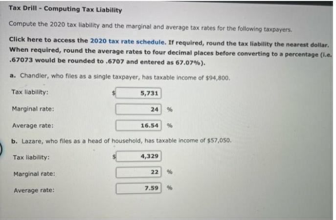 Solved Tax Drill - Computing Tax Liability Compute the 2020 | Chegg.com