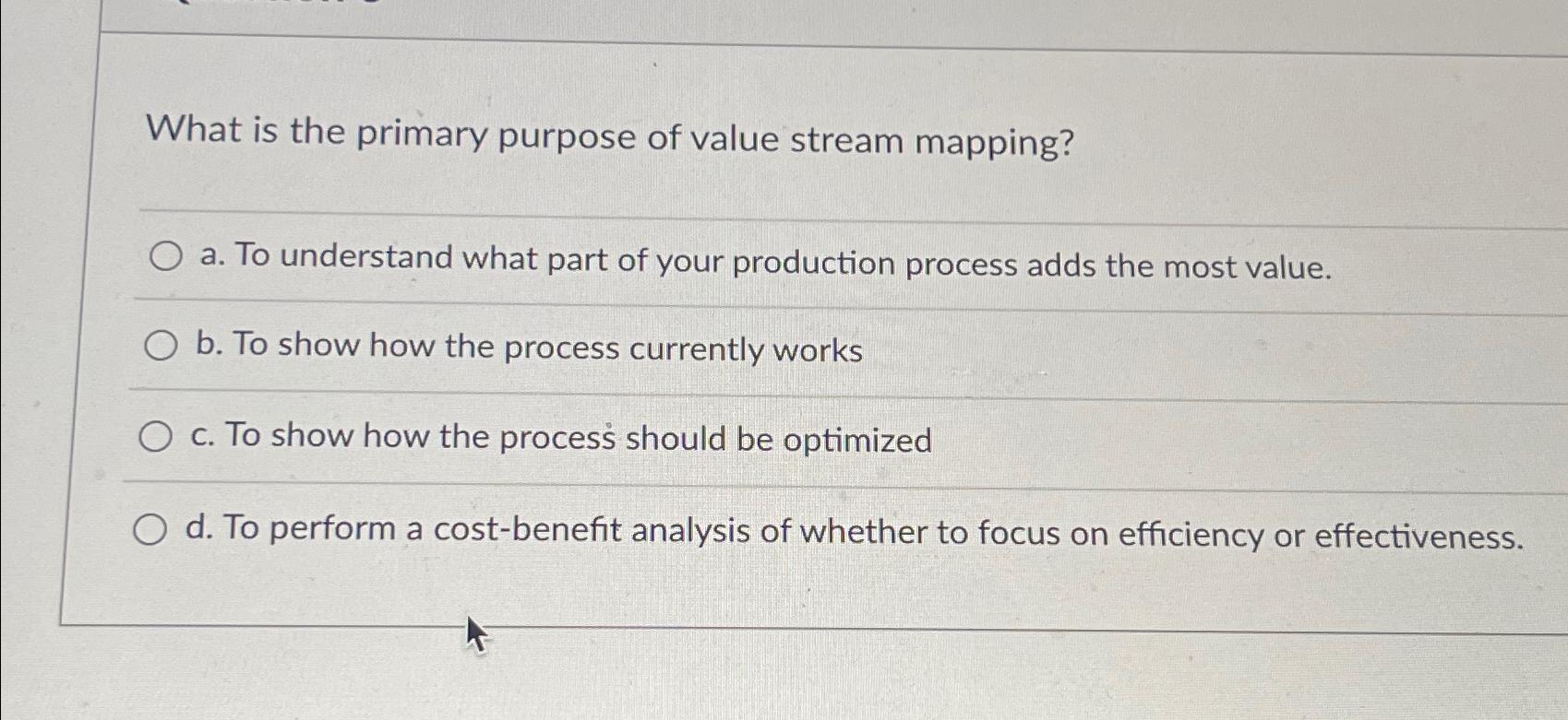 Solved What is the primary purpose of value stream | Chegg.com