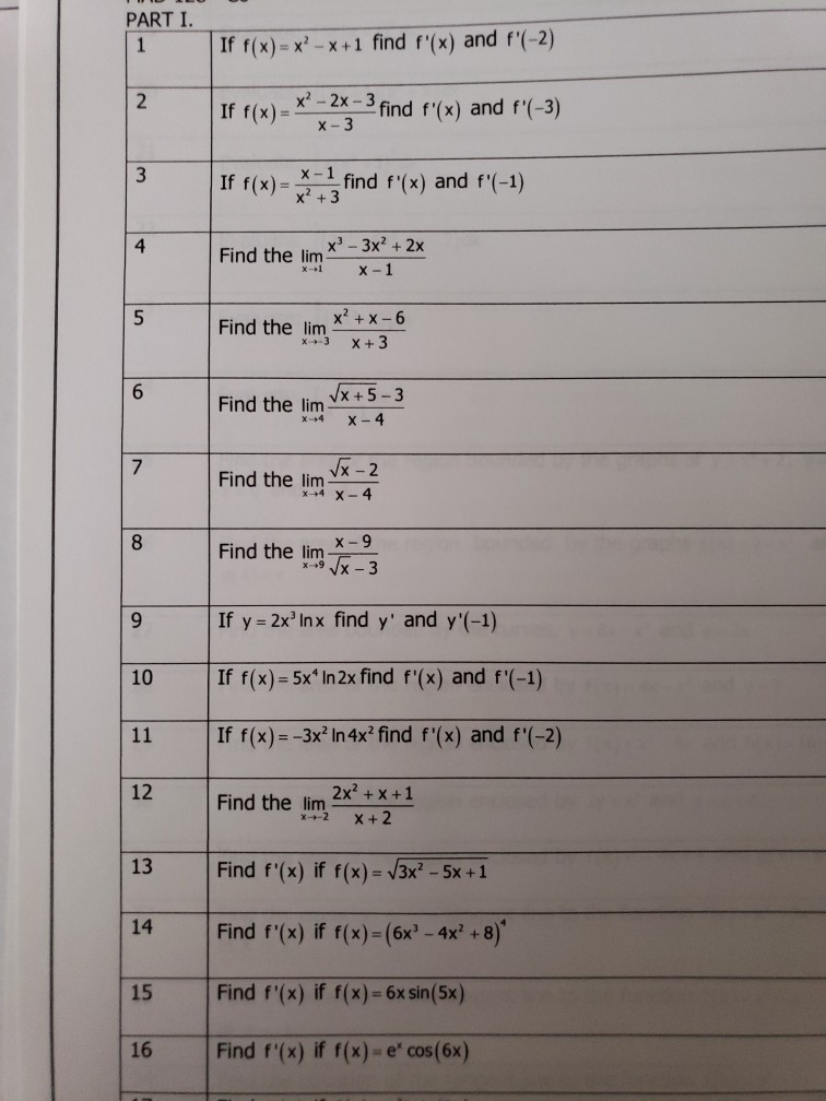Solved PART I. If f(x) = x - x +1 find f'(x) and f'(-2) If | Chegg.com