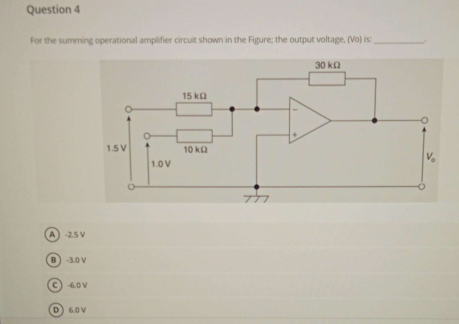 Solved For the summing operational amplifier circuit shown | Chegg.com