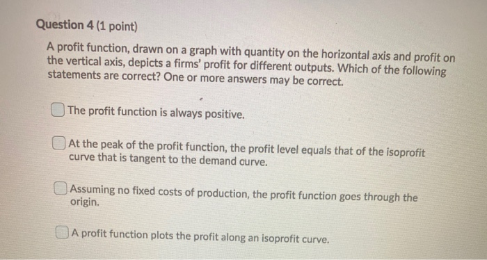 Solved Question 4 (1 point) A profit function, drawn on a | Chegg.com