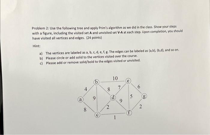 Solved Problem 2: Use the following tree and apply Prim's | Chegg.com Solved Problem 2: Use the following tree and apply Prim's | Chegg.com