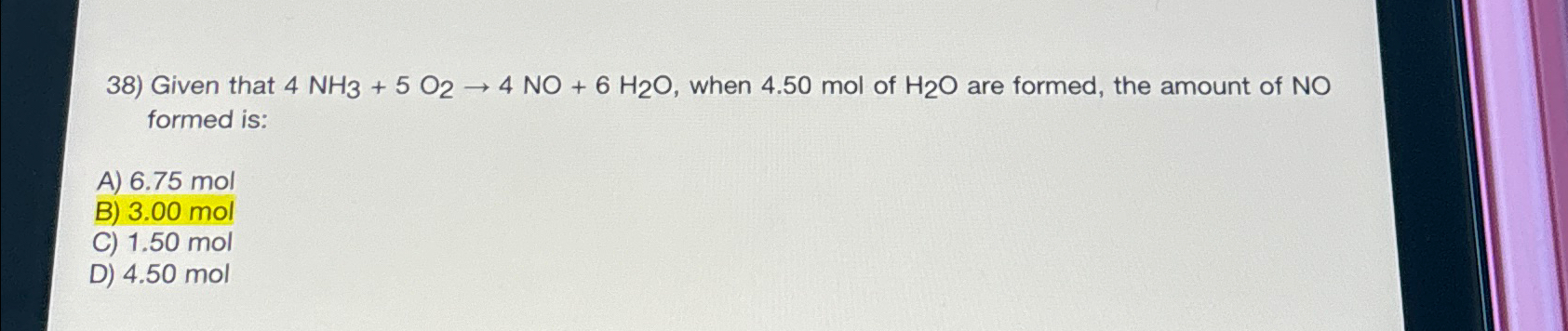 Solved Given that 4NH3+5O2→4NO+6H2O, ﻿when 4.50 ﻿mol of H2O | Chegg.com