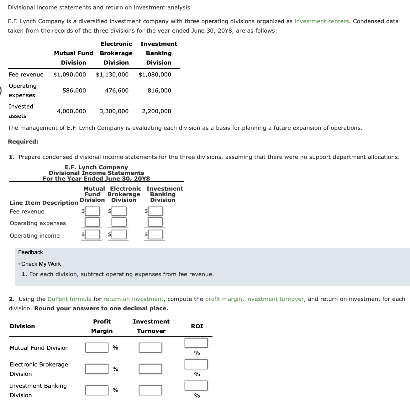 Solved Divisional income statements and return on investment | Chegg.com