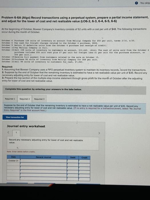 Solved Problem 6-6A (Algo) Record transactions using a | Chegg.com