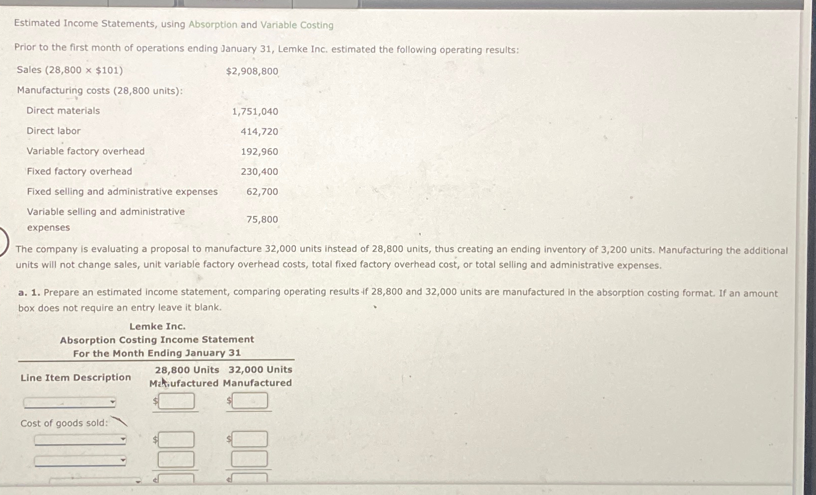 Solved Estimated Income Statements, using Absorption and | Chegg.com