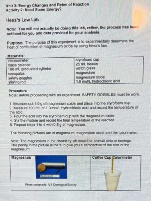 Solved Unit 3: Energy Changes and Rates of Reaction Activity | Chegg.com