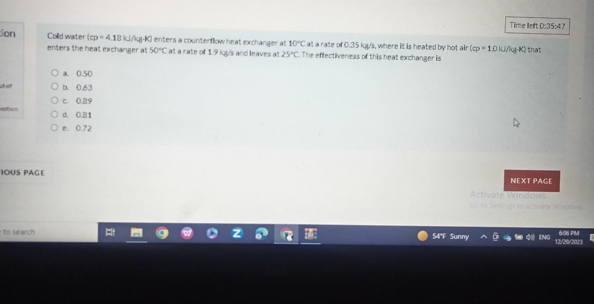 Solved Cold water (cp=4.18 kJ/kg⋅K) enters a counterflow | Chegg.com
