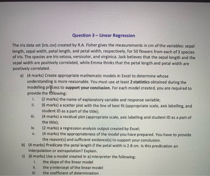 Question 3 - Linear Regression i. The iris data set | Chegg.com