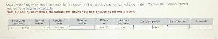 Solved Solve for maturity value, discount period, bank | Chegg.com