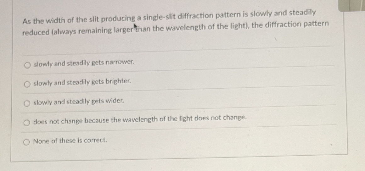 Solved As the width of the slit producing a single-slit | Chegg.com
