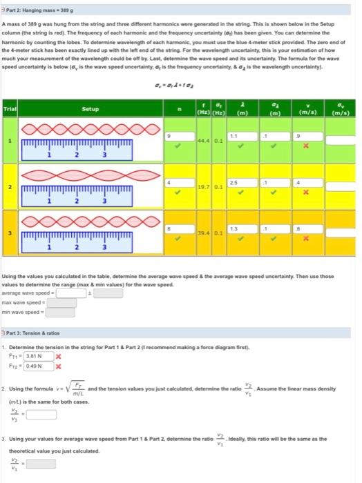 A mass of 389 g was hung fram the string and three | Chegg.com