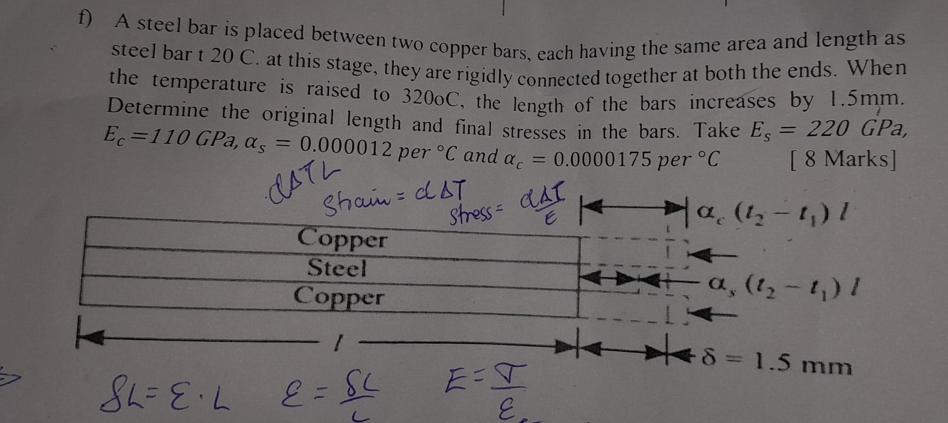 Solved f) A steel bar is placed between two copper bars, | Chegg.com
