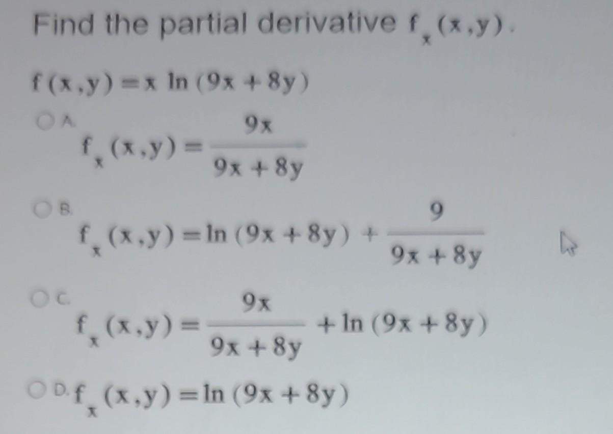 Solved Find the partial derivative fx(x,y) | Chegg.com