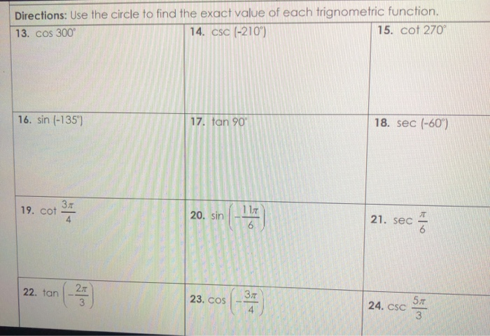 Solved Directions: Use the circle to find the exact value of | Chegg.com