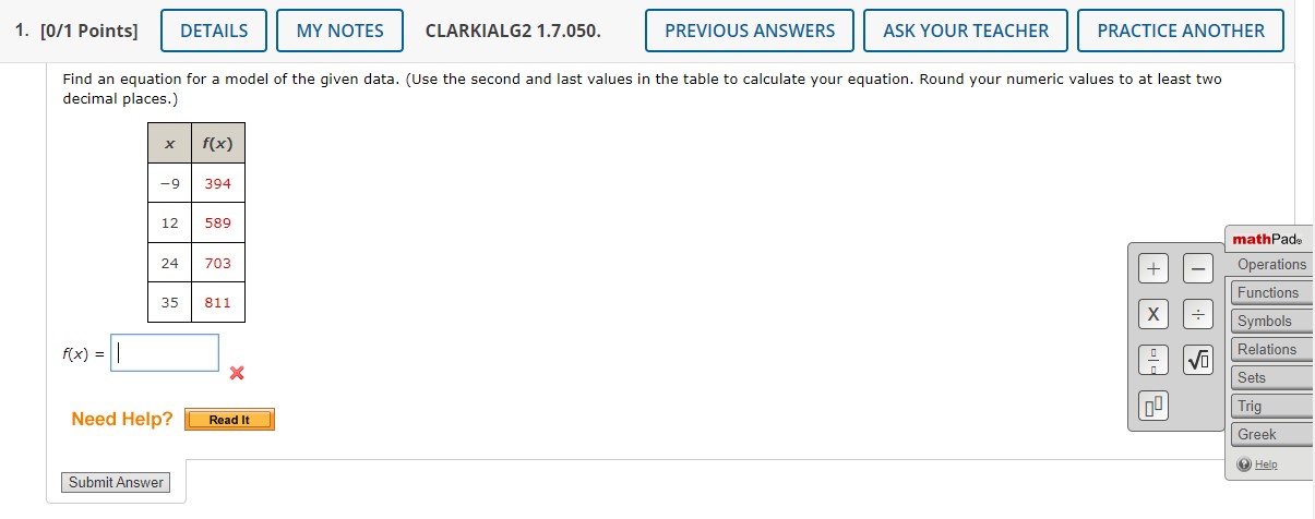 Solved Find an equation for a model of the given data. (Use | Chegg.com