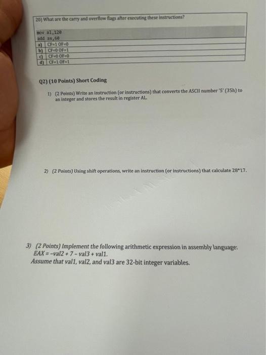 Solved 20) What are the carry and overflow flags after | Chegg.com