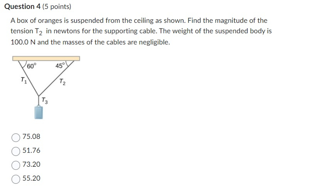 Solved Question 4 (5 ﻿points)A box of oranges is suspended | Chegg.com
