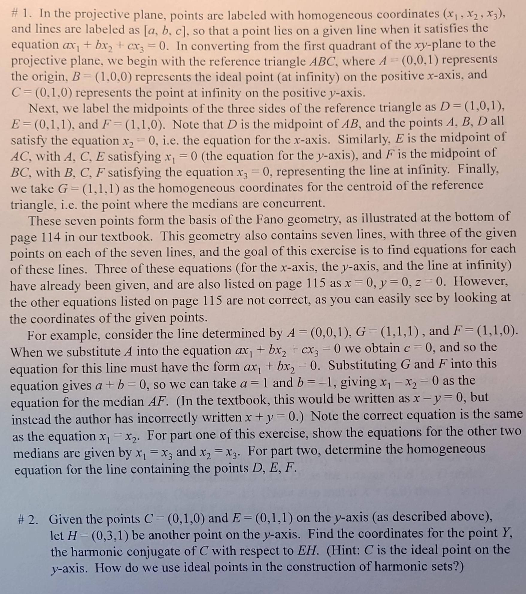 Solved # 1. ﻿In the projective plane, points are labeled | Chegg.com