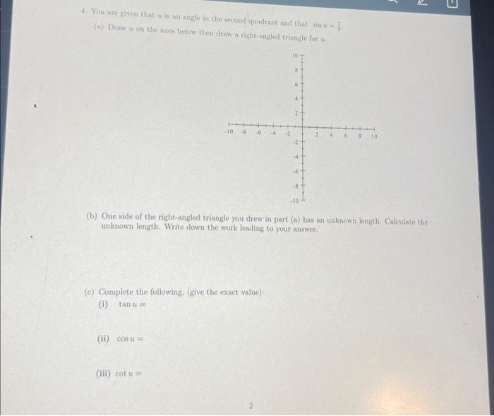 Solved 4. You are given that u is an angle in the second | Chegg.com