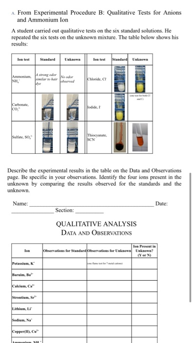 Solved QUALITATIVE ANALYSIS Experimental Data From | Chegg.com
