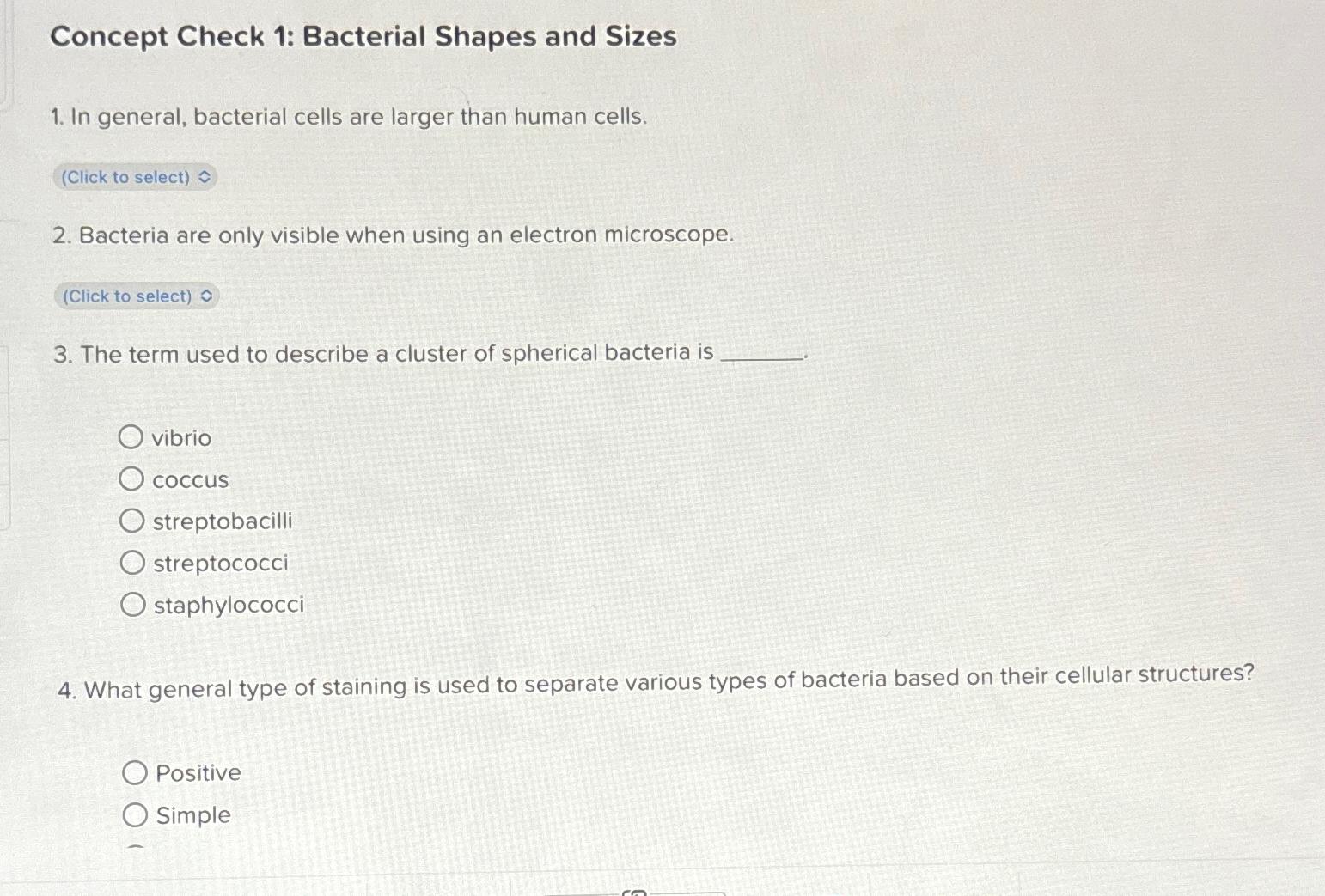 Solved Concept Check 1: Bacterial Shapes and SizesIn | Chegg.com