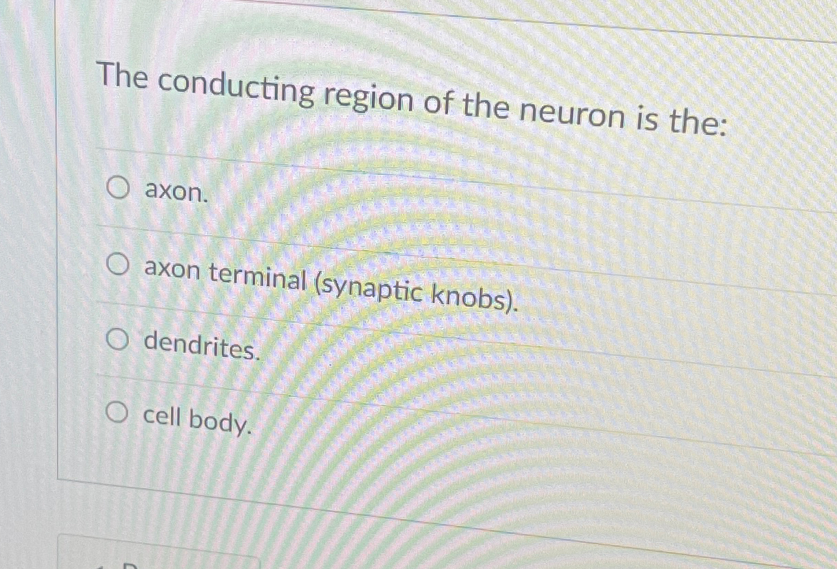 Solved The conducting region of the neuron is the:axon.axon | Chegg.com