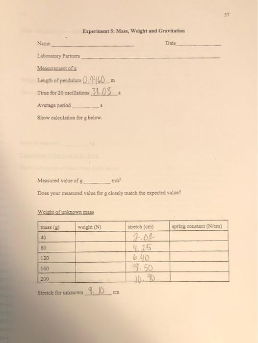 37 Experiment 5: Mass, Weight and Gravitation Name | Chegg.com