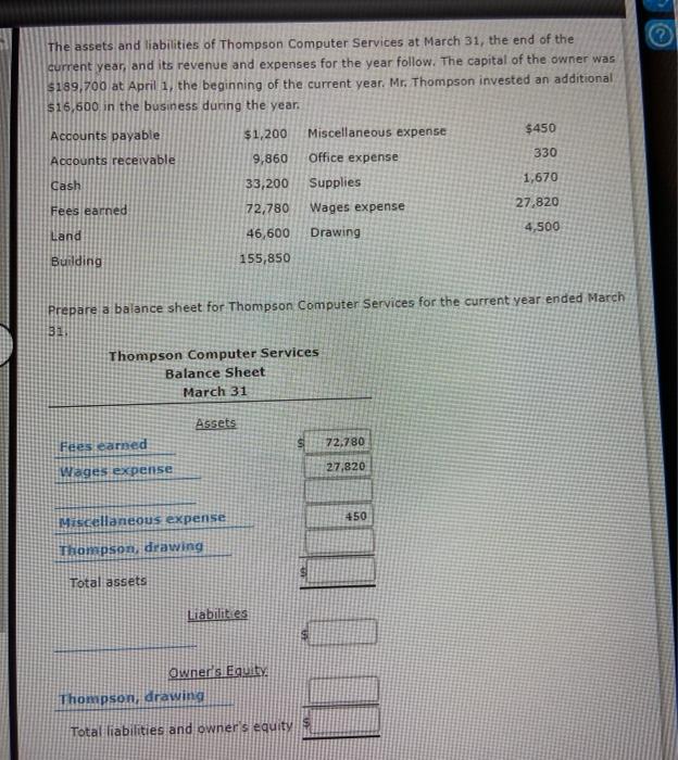 Solved The assets and liabilities of Thompson Computer | Chegg.com