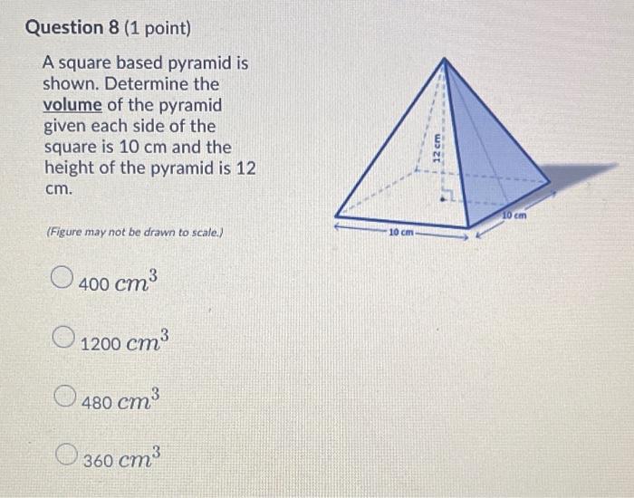 Solved Question 8 (1 point) A square based pyramid is shown. | Chegg.com