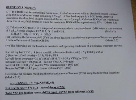 QUESTION 3 (Marks 7) 3. (6) In a BOD test for a | Chegg.com