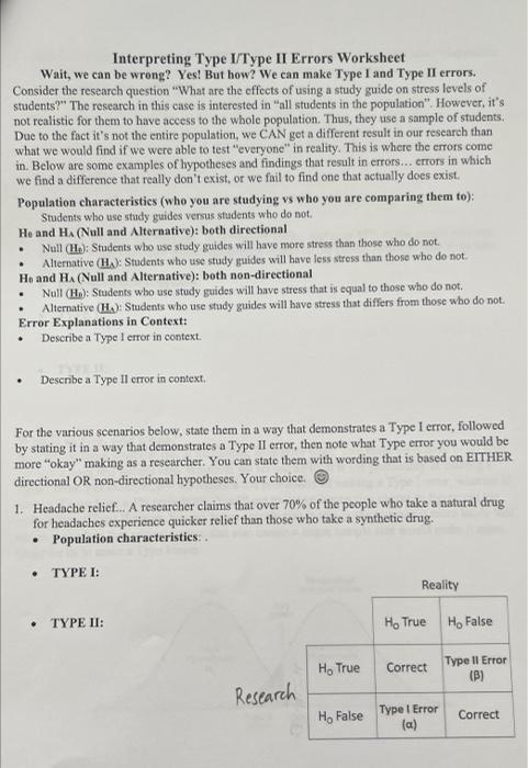 Solved Interpreting Type I/Type II Errors Worksheet Wait, we | Chegg.com
