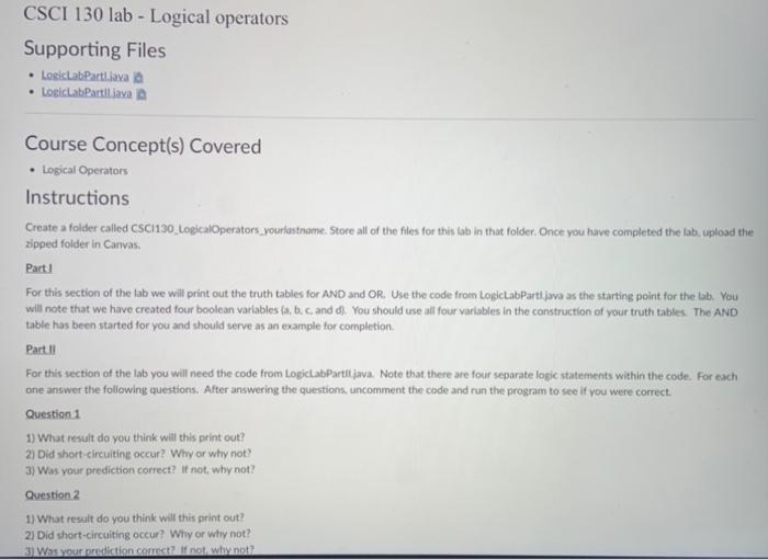 Solved CSCI 130 lab - Logical operators Supporting Files • | Chegg.com